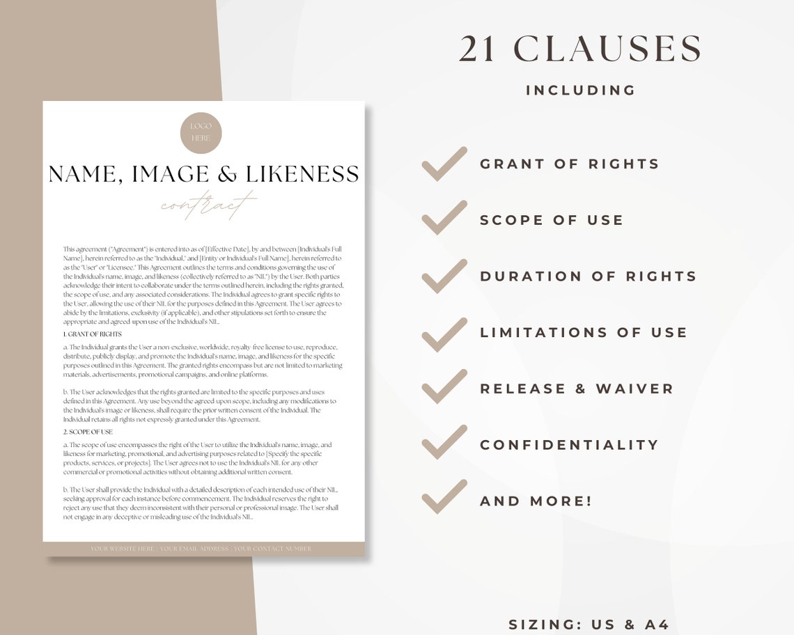 Name, Image and Likeness Contract, Editable Model Release Waiver ...