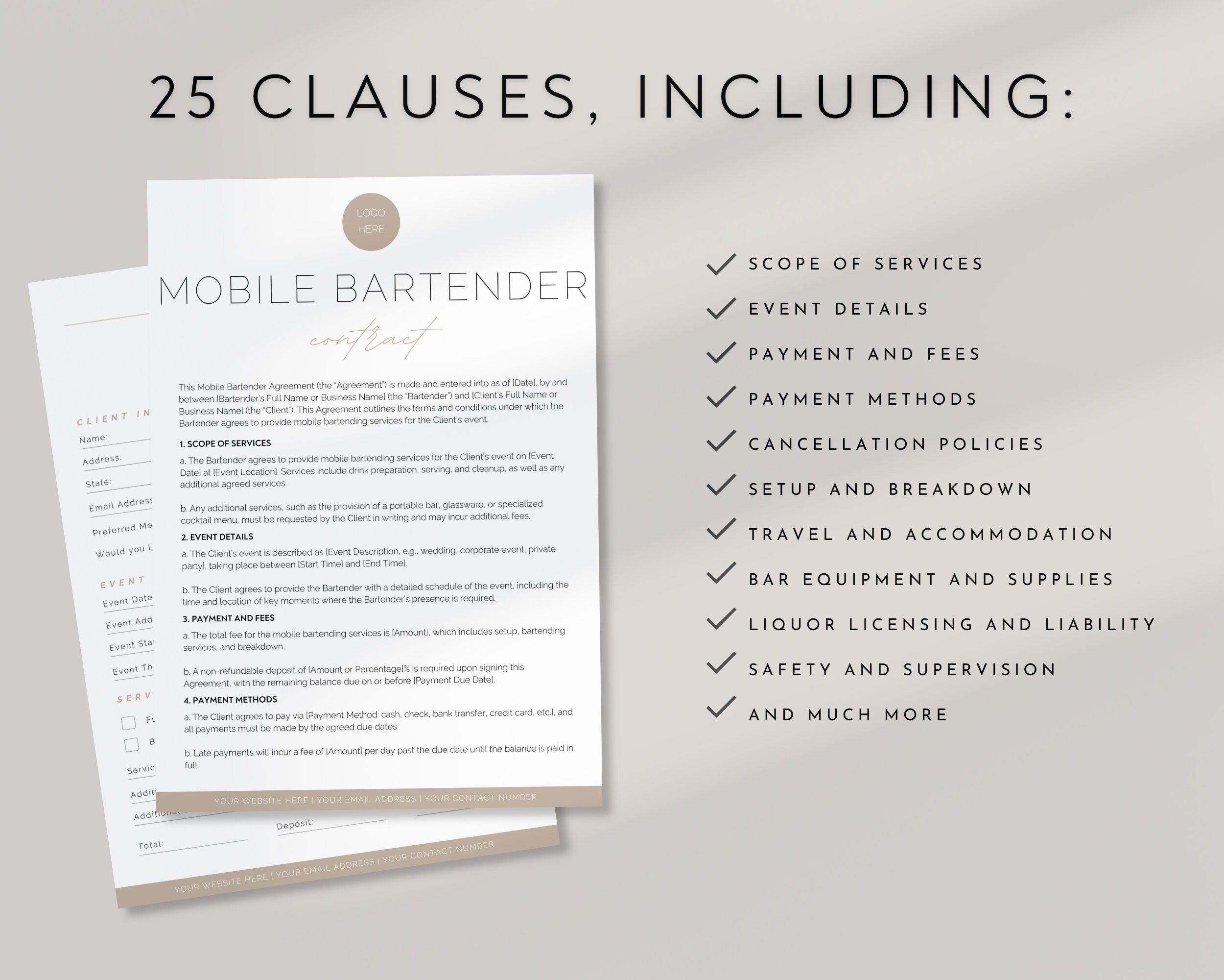 Mobile Bar Contract Template, Canva Editable Bartender Contract, Mobile ...
