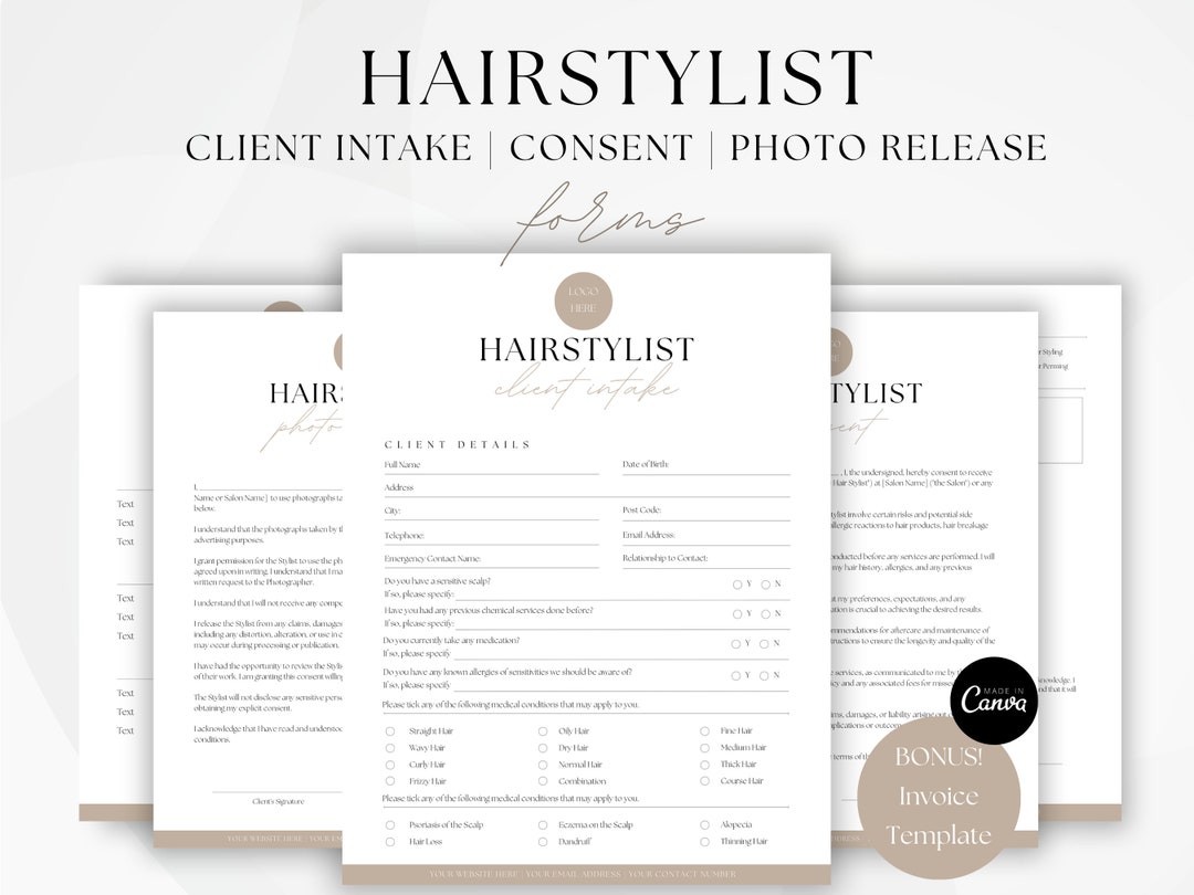 Hair Stylist Client Intake Form, Hair Salon Services Agreement, Photo ...