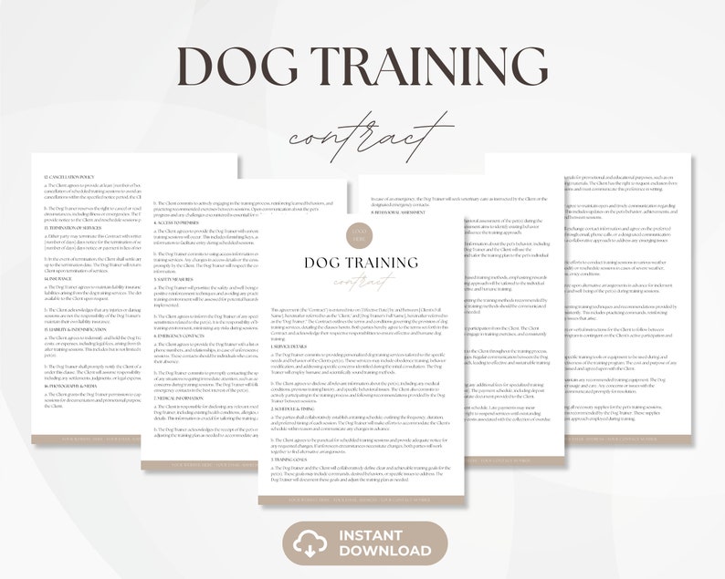 Dog Training Contract, Dog Training Services Agreement, Pet Business ...