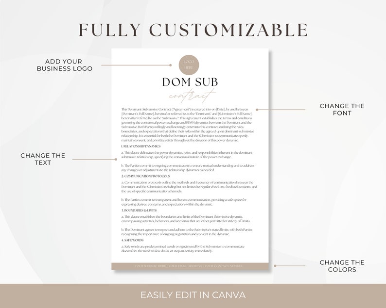 Dom Sub Contact, Dominatrix Services Agreement, Editable BDSM Contract Template, Submissive ...