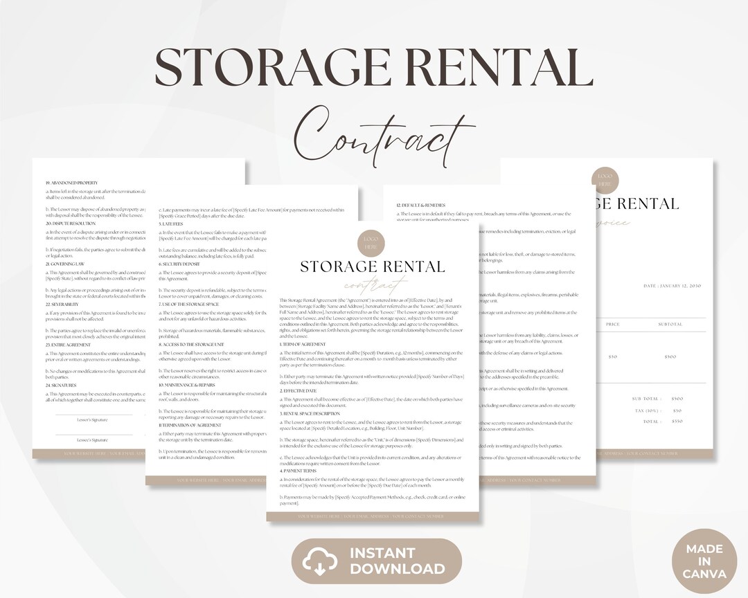 Storage Rental Contract, Storage Space Services Agreement, Garage ...