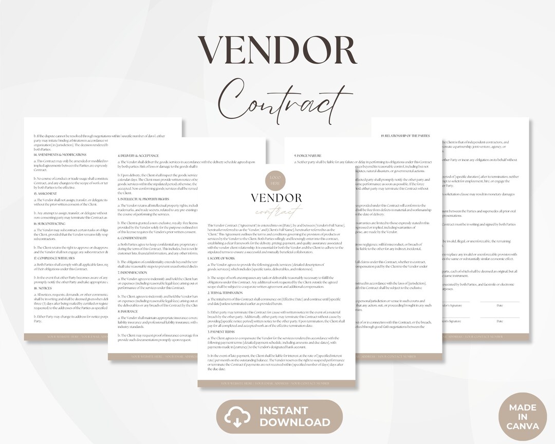 Vendor Contract, Editable Business Services Agreement Template, Vendor ...