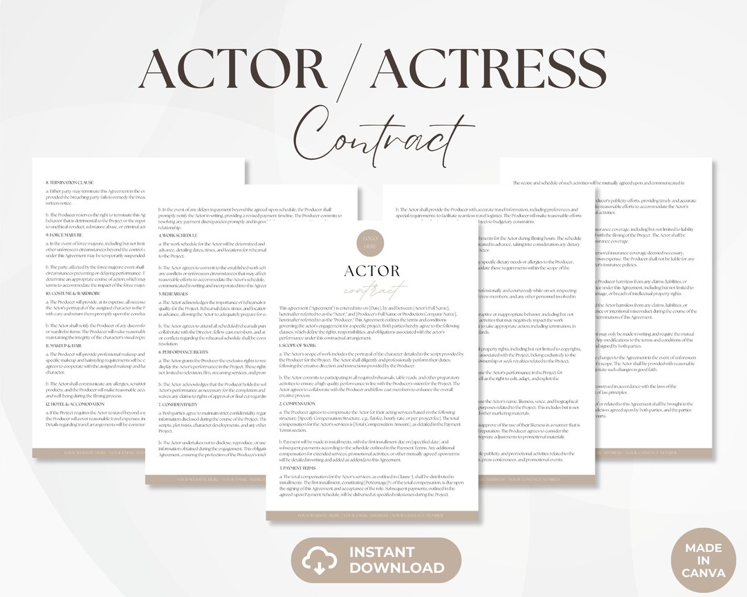 Actor Contract, Editable Actress Agreement, Performance Business Forms ...