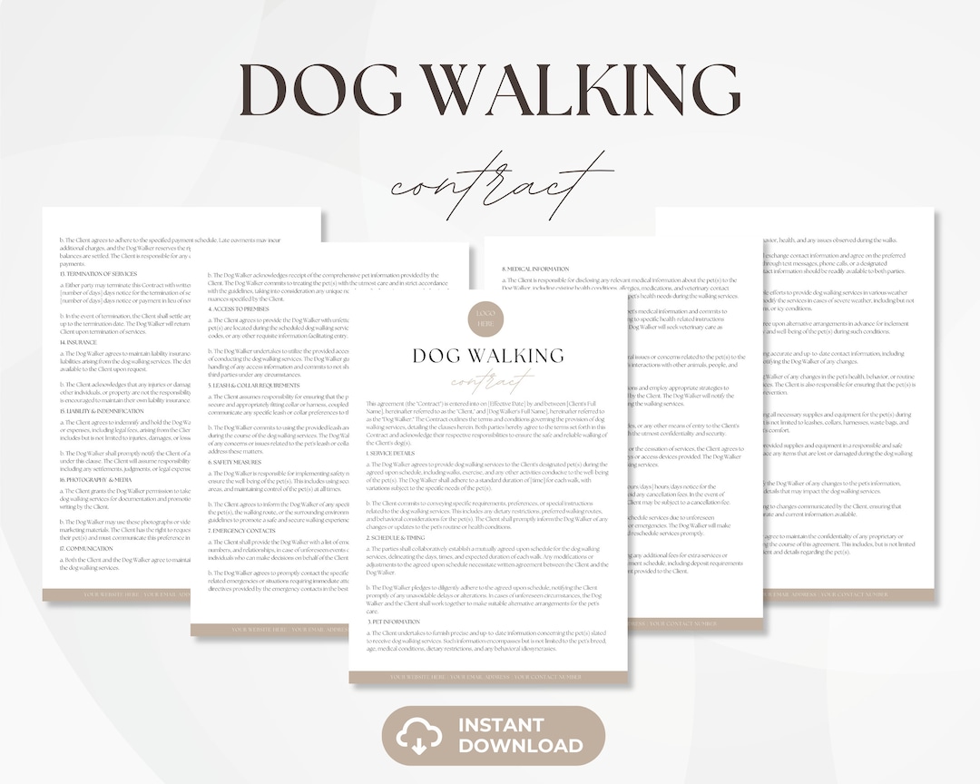 Dog Walking Contract, Editable Dog Walking Services Agreement, Pet ...