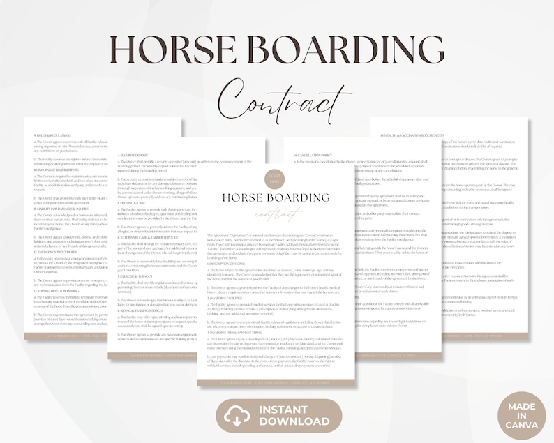 Horse Boarding Contract, Editable Horse Livery Services Agreement, Equine Boarding Agreement ...