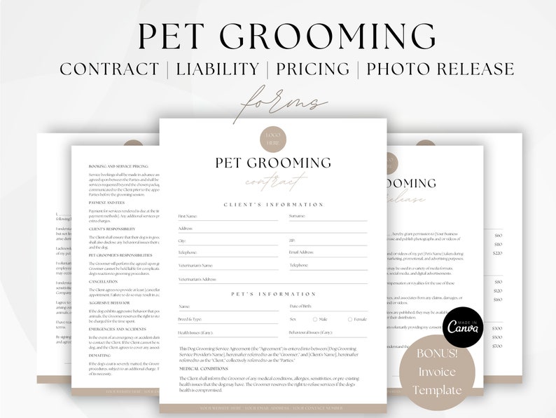 Pet Client Grooming Contract, Dog Grooming Services Agreement, Cat ...
