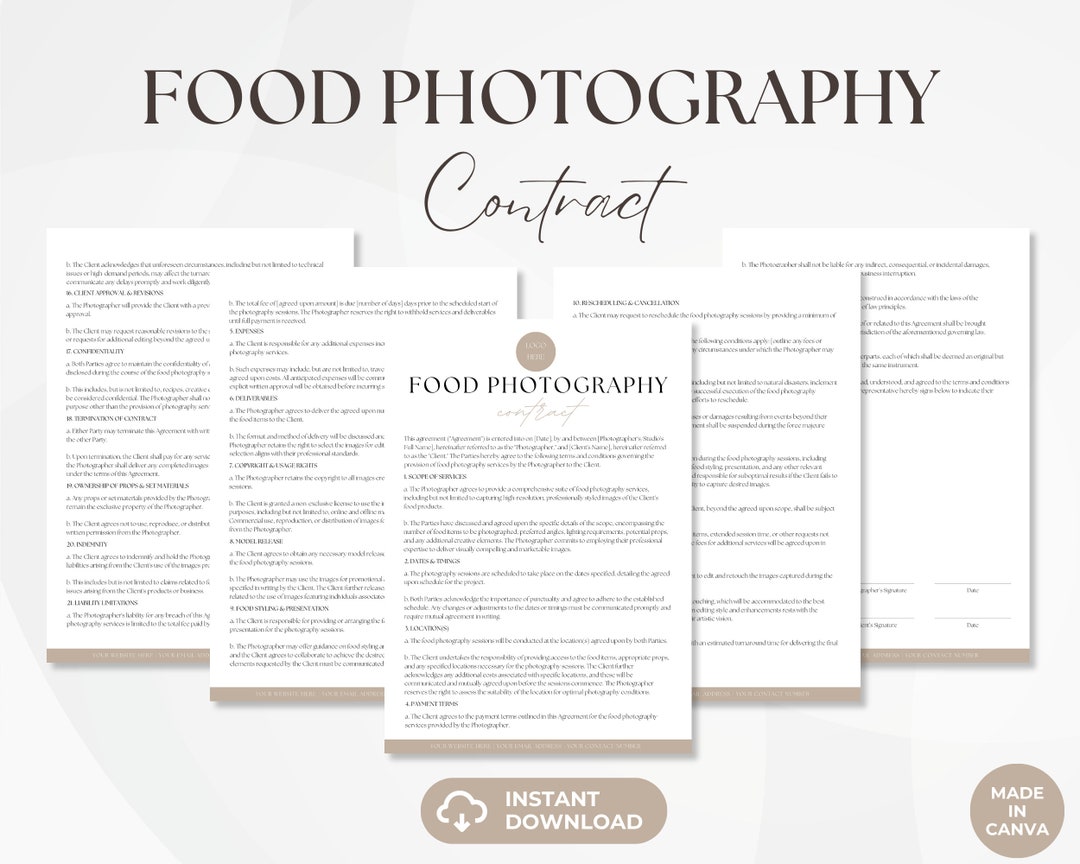 Food Photography Contract, Food Commercial Services Agreement ...