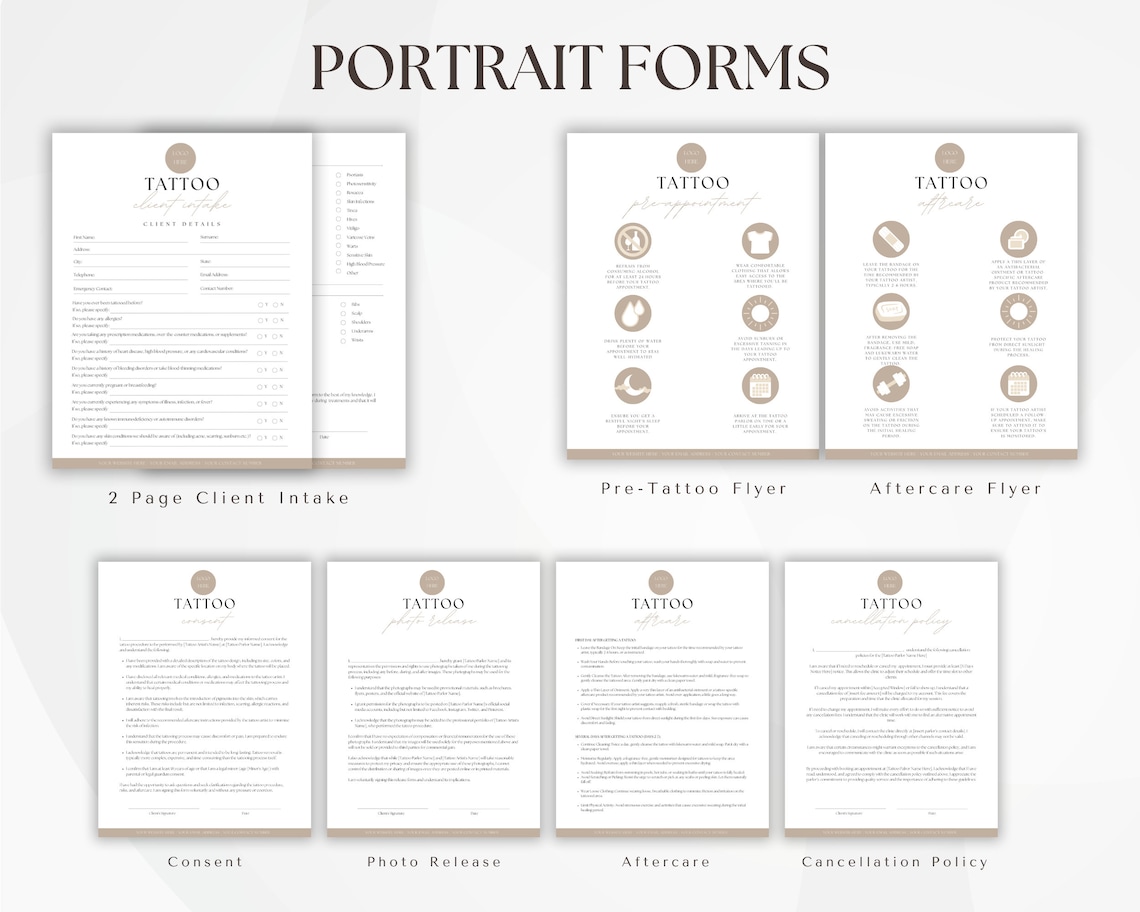 Tattoo Artist Forms Bundle, Tattoo Parlor Consent Form, Tattoo Client ...