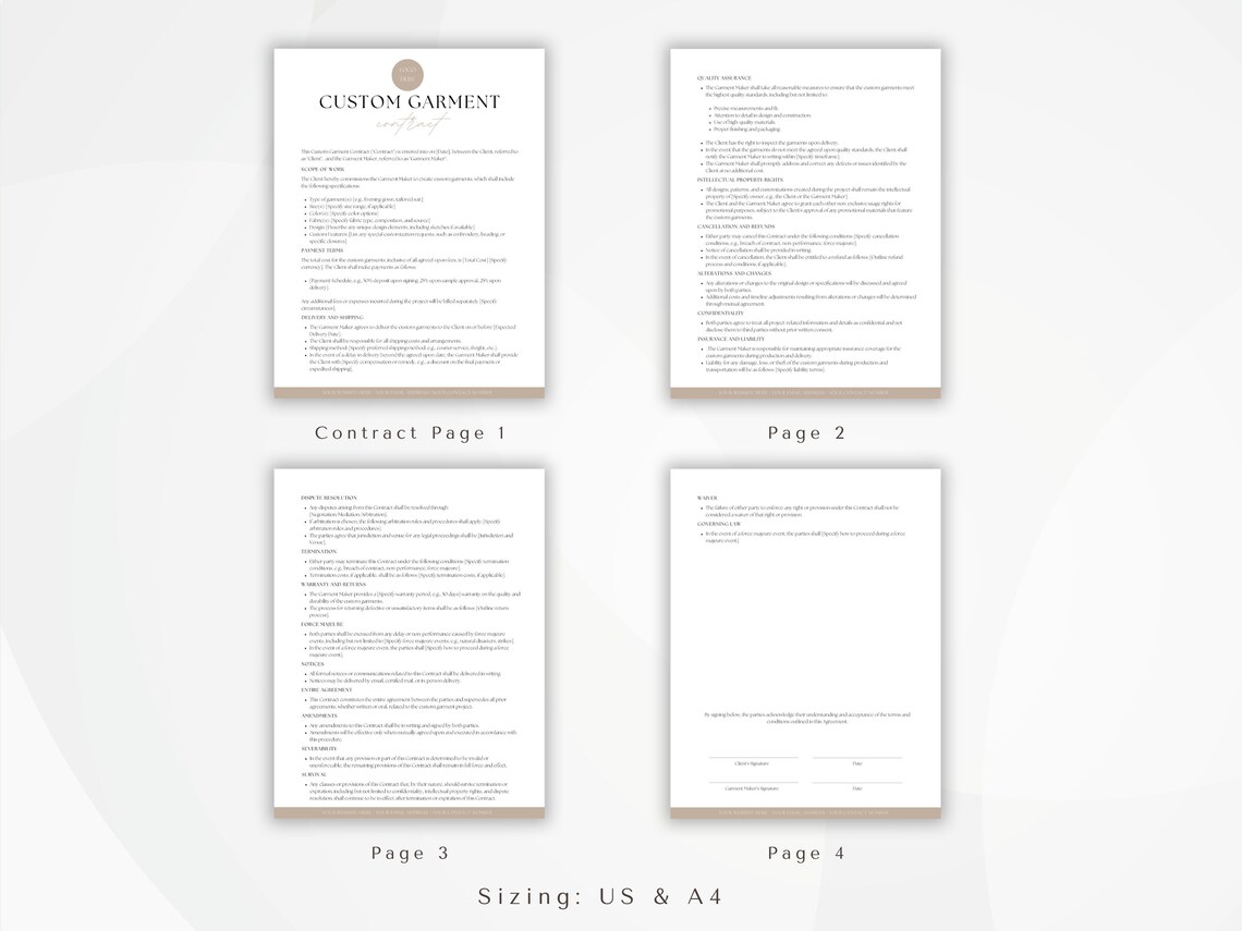 Custom Garment Contract, Tailor Made Clothing Agreement, Bespoke ...