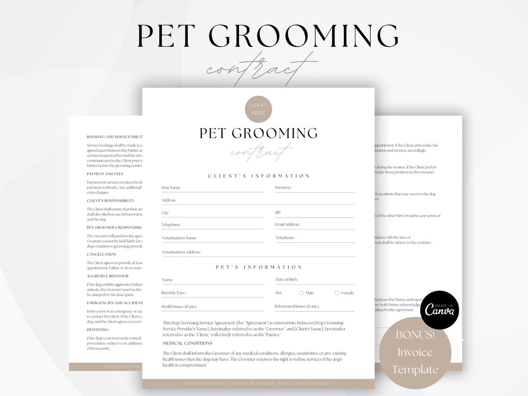Pet Client Grooming Contract Agreement, Dog Grooming Services Agreement ...