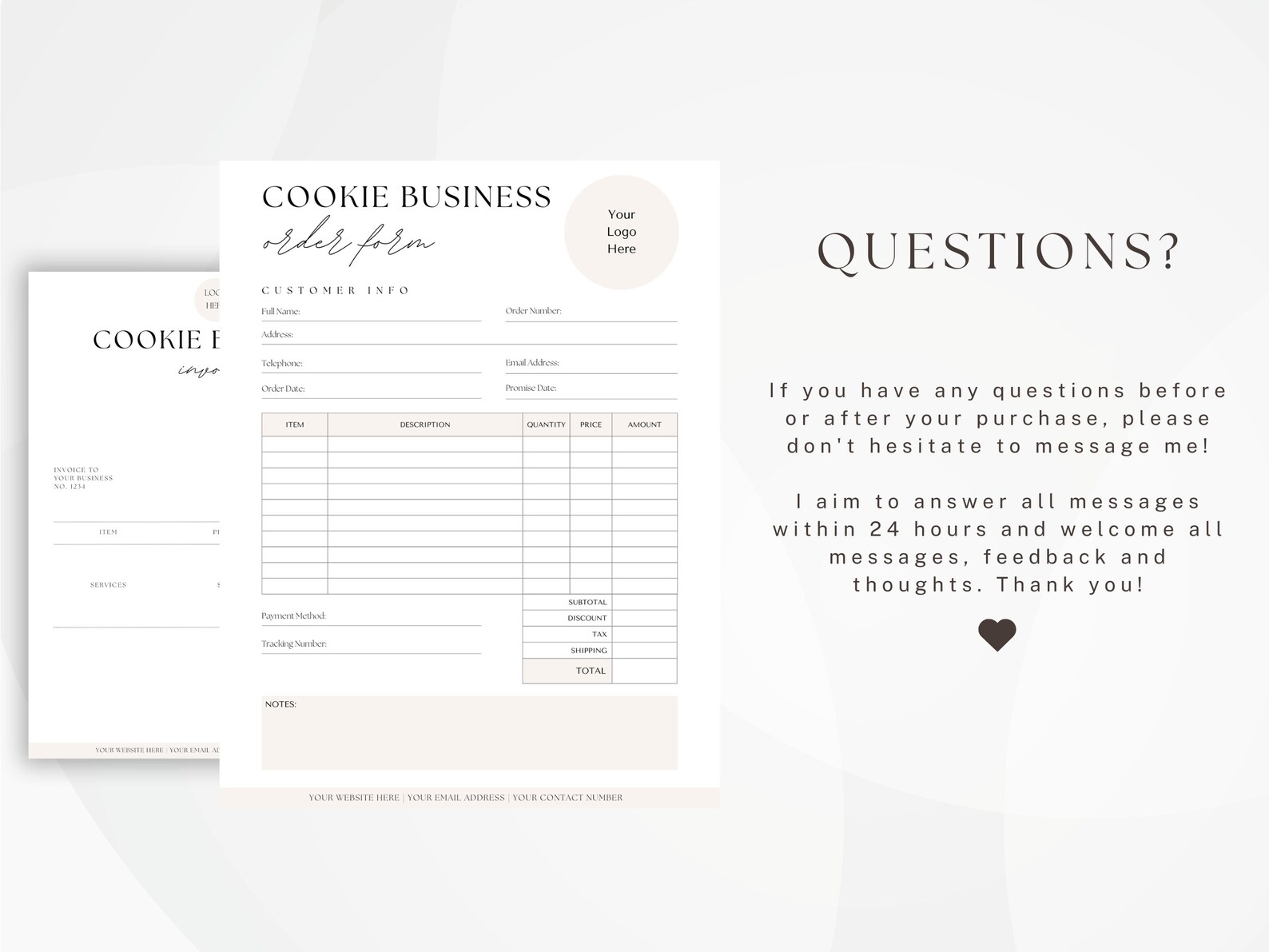 Cookie Business Forms Bundle, Bakery Order Forms, Cookie Care Card ...