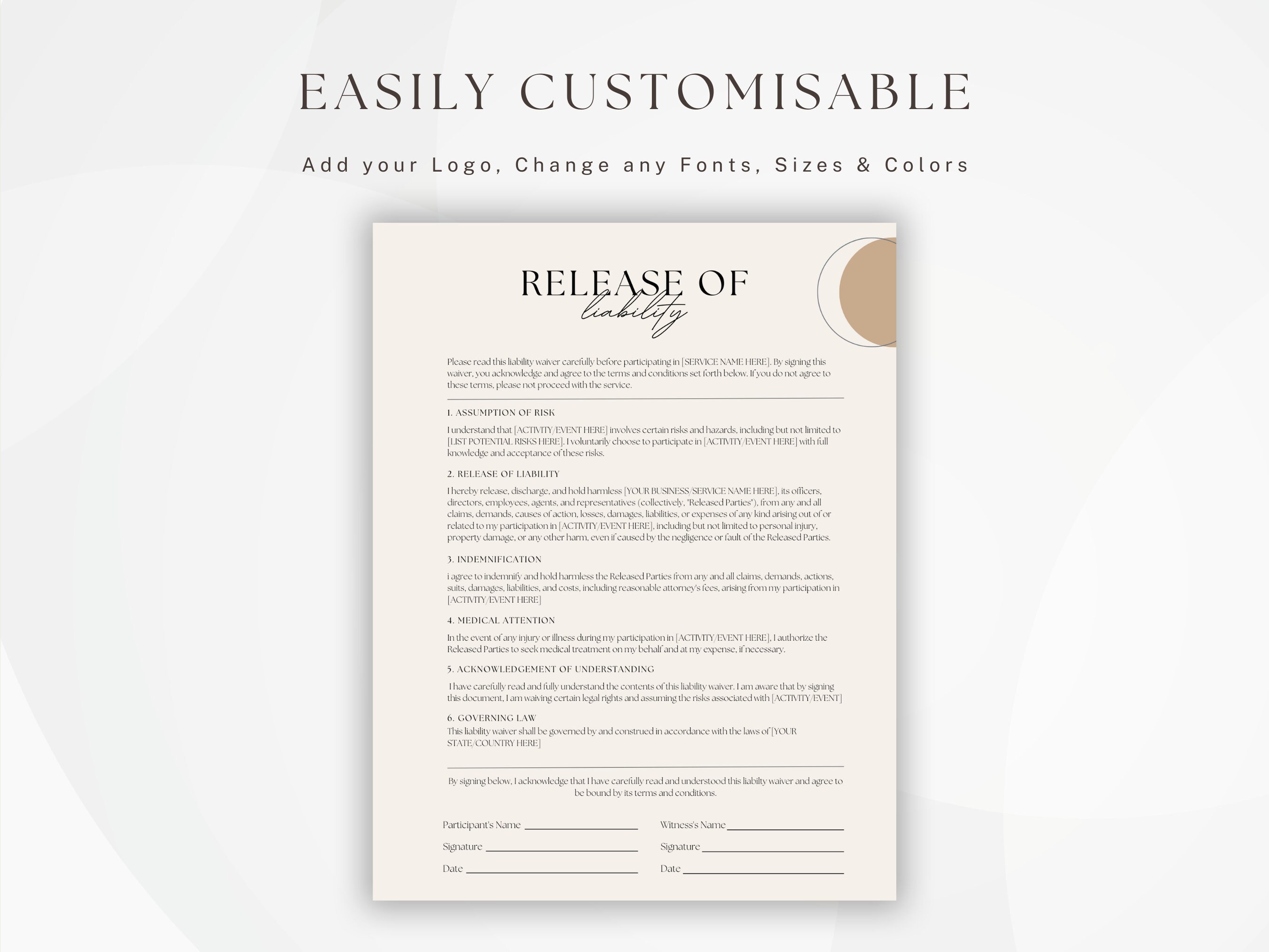 General Liability Waiver Template, Liability Form Agreement, Liability ...