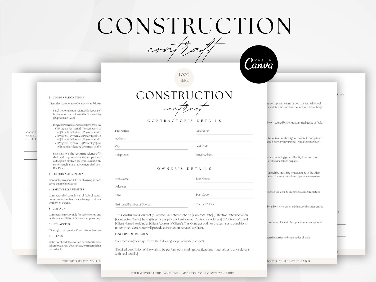 Construction Contract Form Construction Agreement Template - Etsy