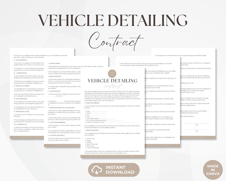 Vehicle Detailing Contract, Vehicle Washing Services Agreement, Car ...