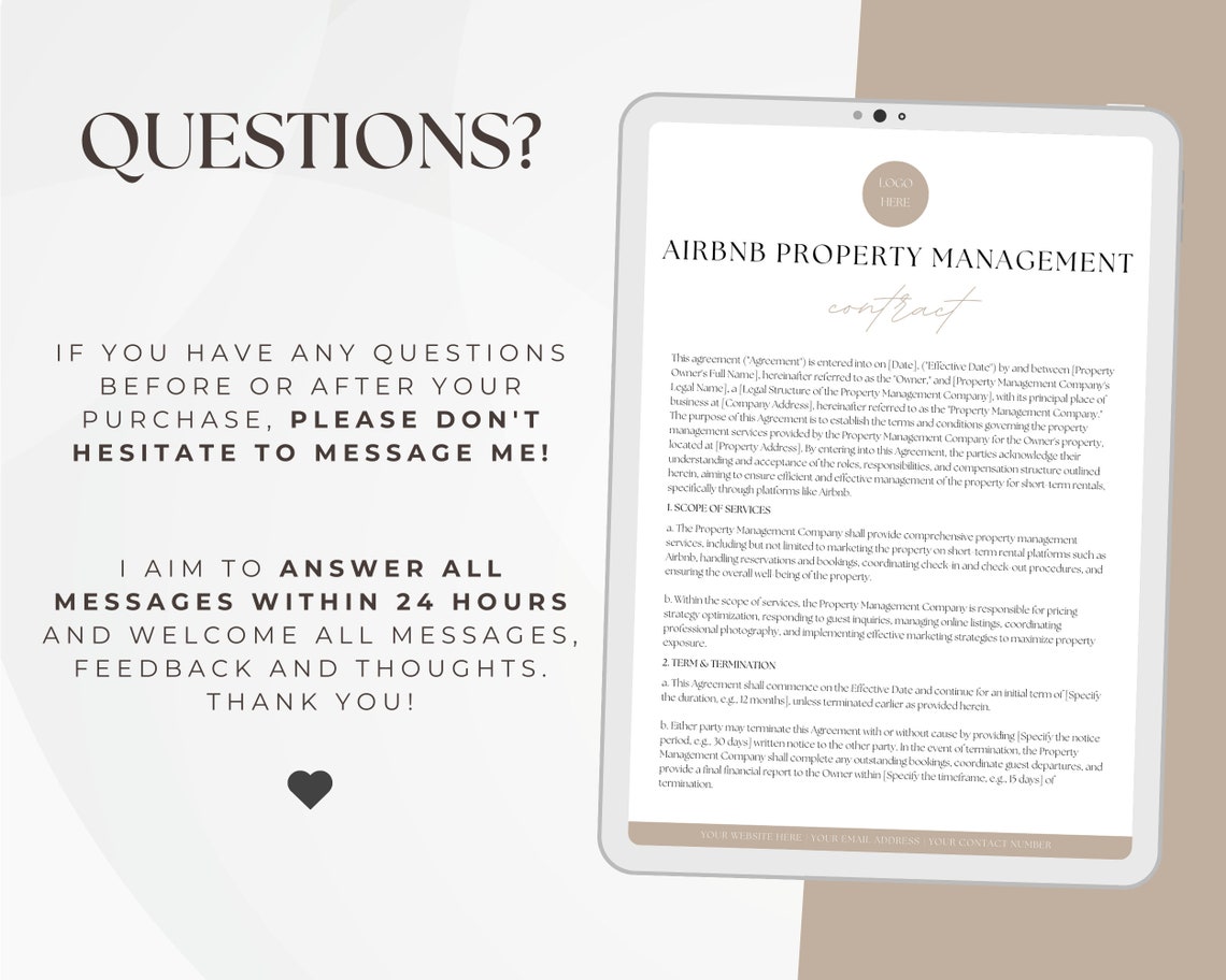 Airbnb Property Management Contract, Editable VRBO Short-term Rental ...