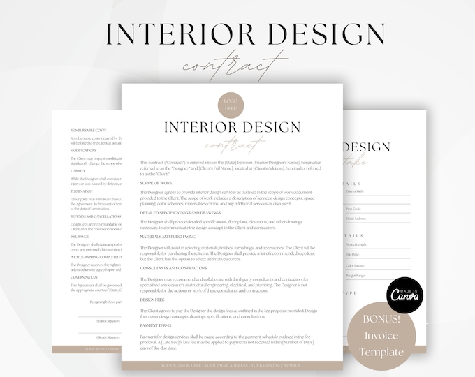 Interior Designer Client Contract Template, Service Contract, Minimalist Business Agreement ...