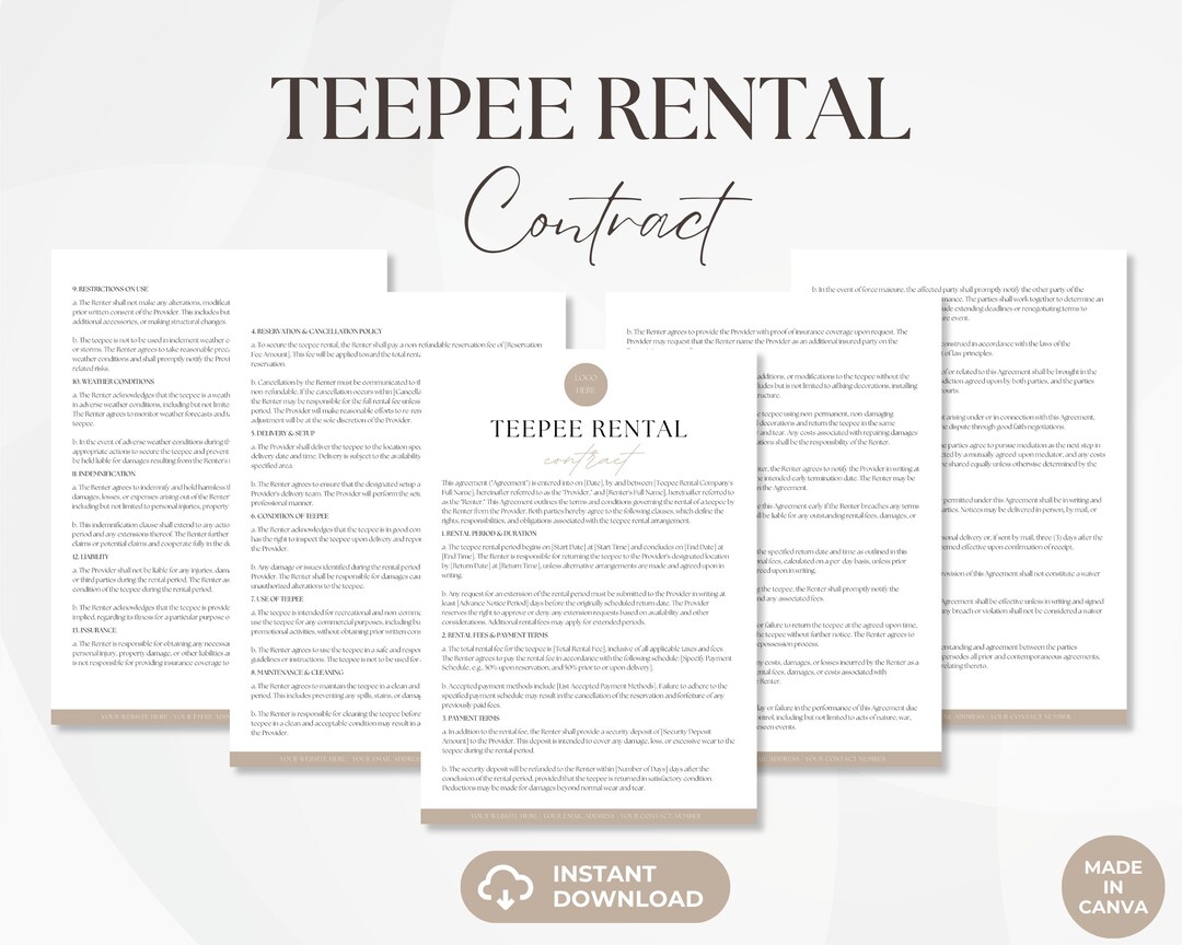 Teepee Rental Contract, Editable Teepee Renting Services Agreement, Teepee Business Forms ...