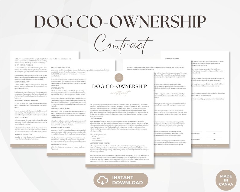 Dog Co-ownership Contract, Editable Dog Owner Sharing Agreement, Pet ...