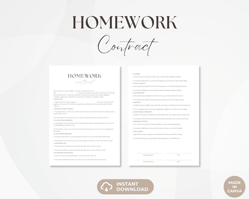 Homework Contract, Printable Parent Child Homework Agreement Template ...