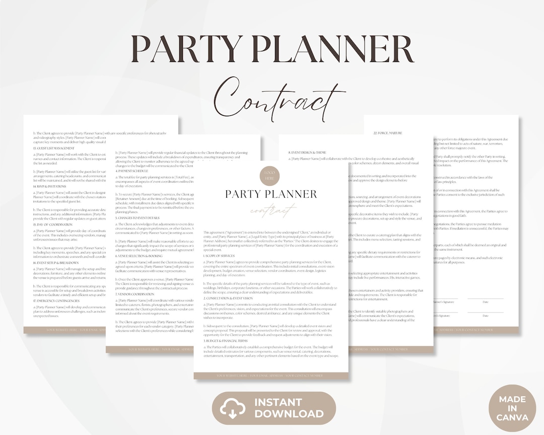 Party Planner Contract, Editable Event Organizer Services Agreement ...