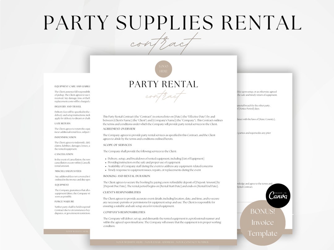 Party Supply Rental Contract, Event Rental Agreement, Equipment Rental ...