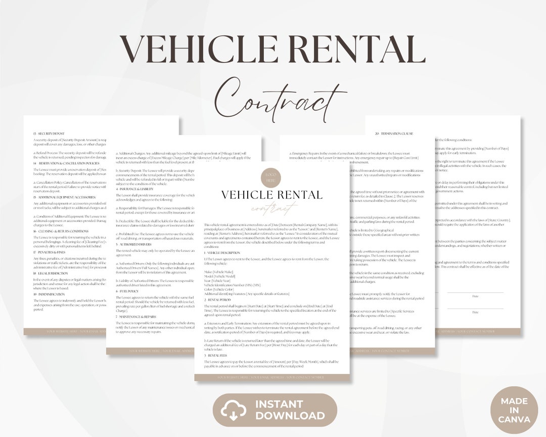 Vehicle Rental Contract, Editable Car Rental Service Agreement, Auto ...