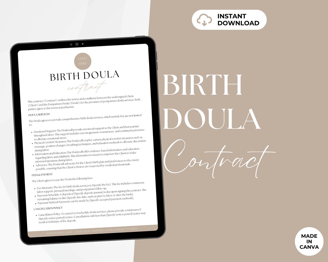 Birth Doula Contract, Doula Business, Doula Templates, Editable Doula ...