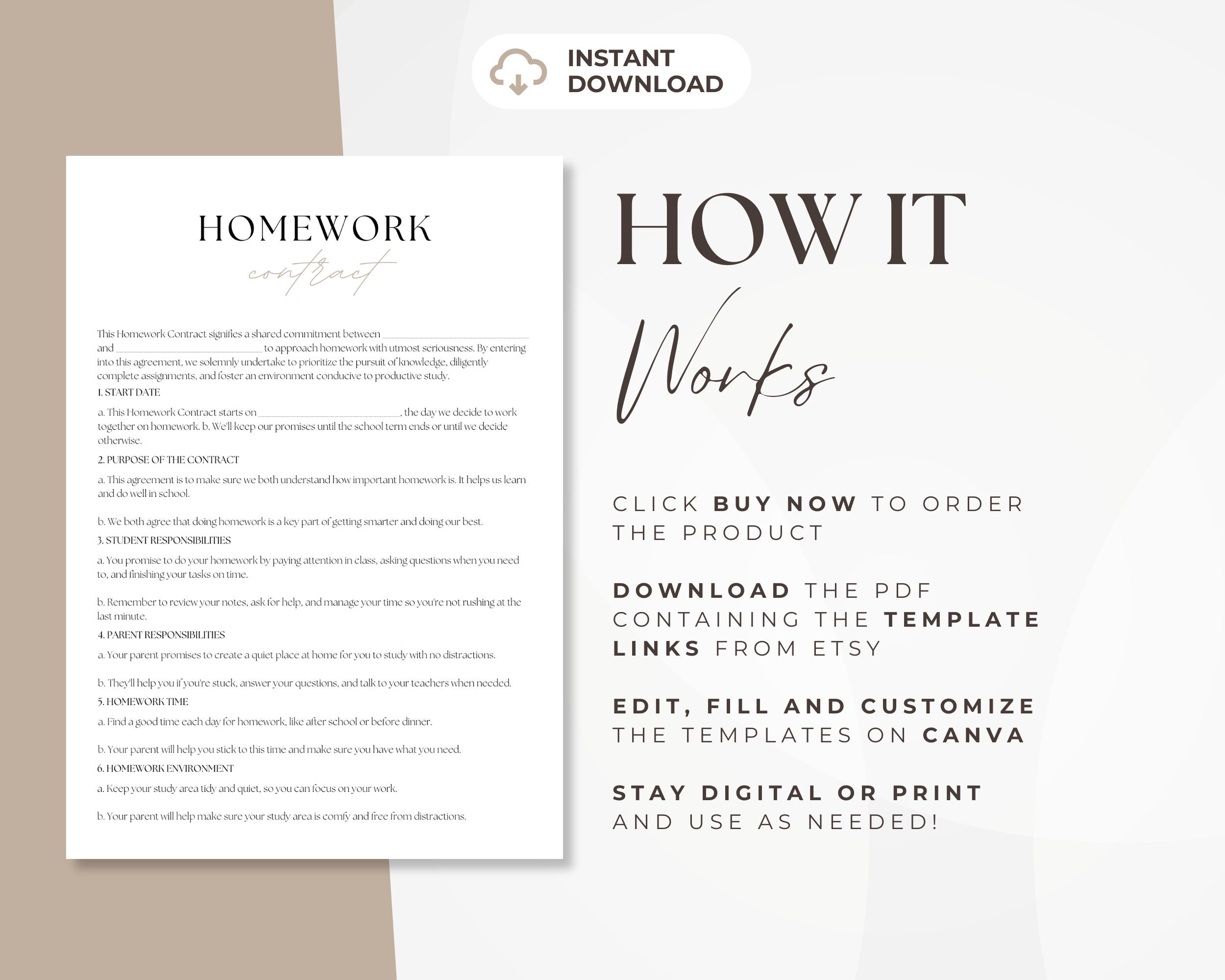 Homework Contract, Printable Parent Child Homework Agreement Template ...