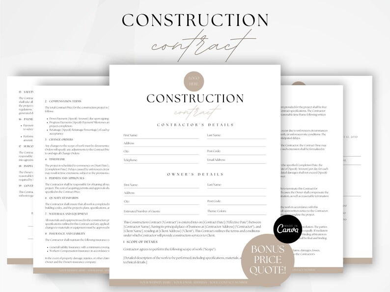 Construction Contract Form, Construction Agreement Template, Scope of ...