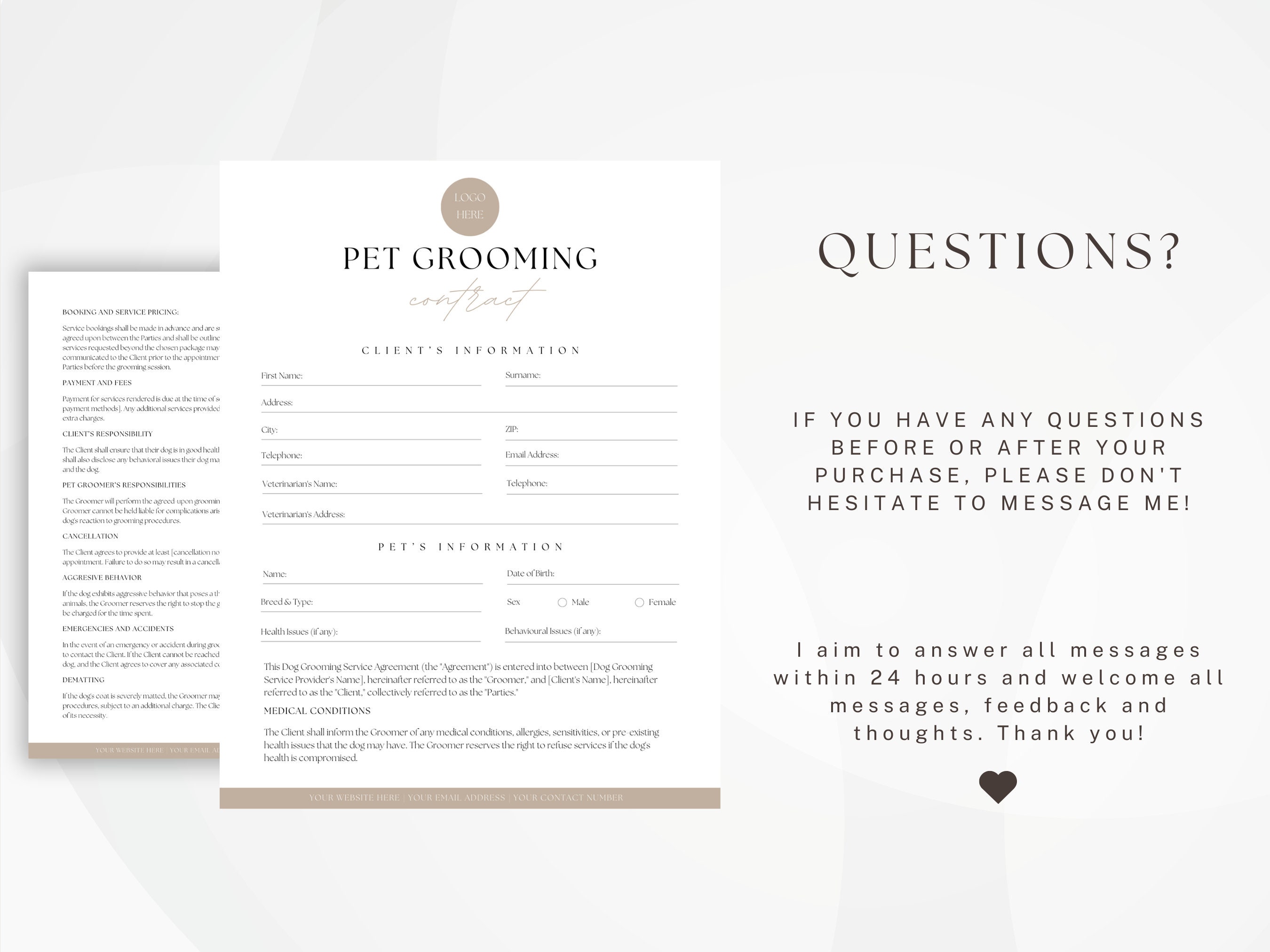 Pet Client Grooming Contract, Dog Grooming Services Agreement, Cat ...
