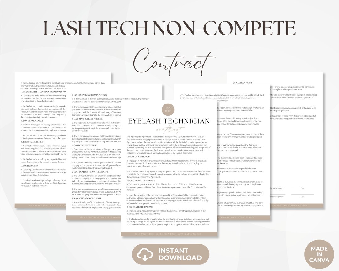 Lash Tech Non-compete Agreement, Lash Business Contract Template, Aesthetician Forms Bundle ...