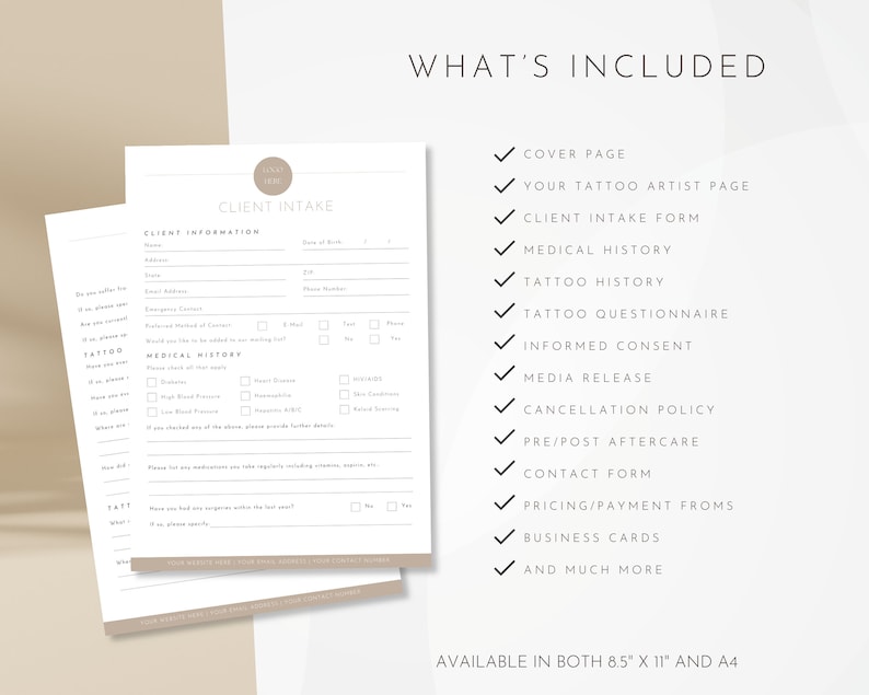 Tattoo Studio Client Forms Bundle, Tattoo Artist Intake Template ...