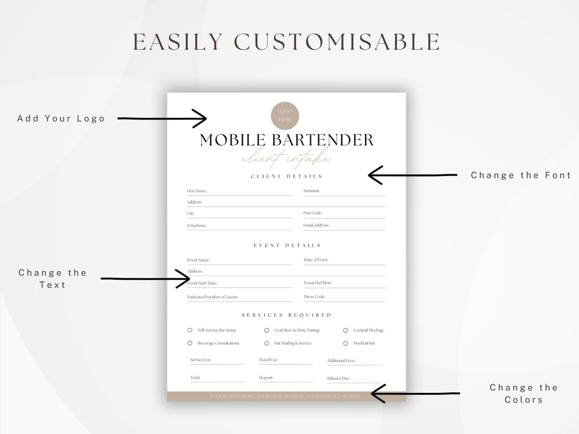 Mobile Bar Contract Template, Canva Editable Bartender Contract, Mobile ...