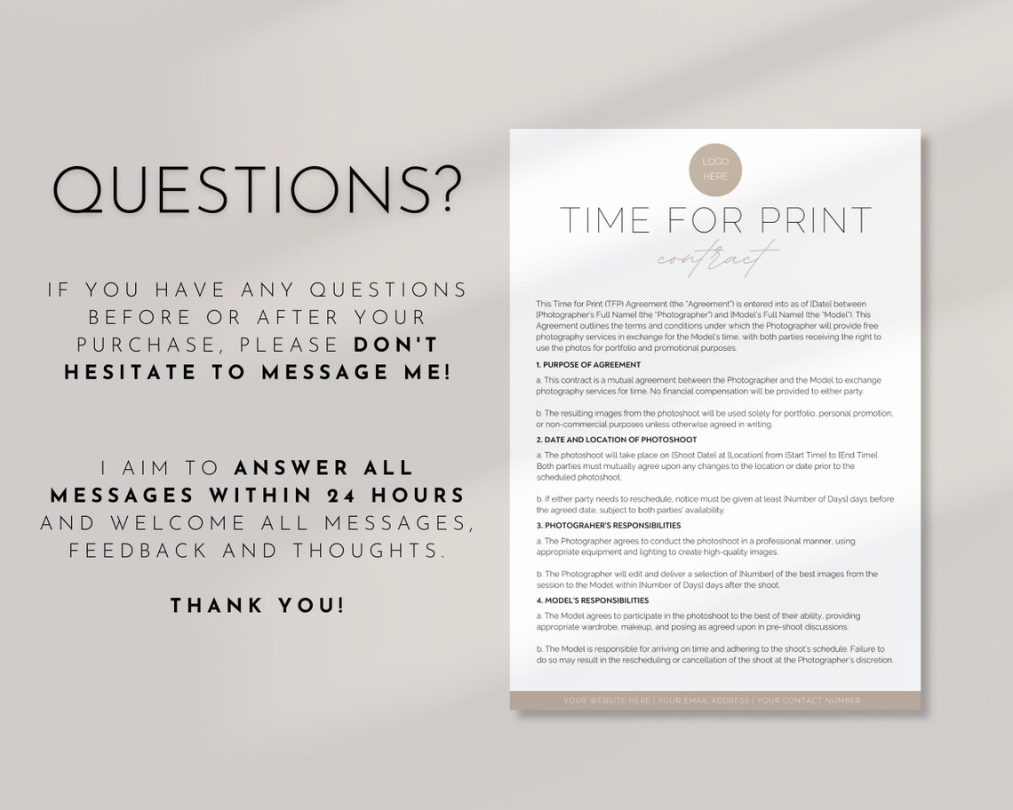 TFP Photography Client Contract Template, Photography Forms, Client ...