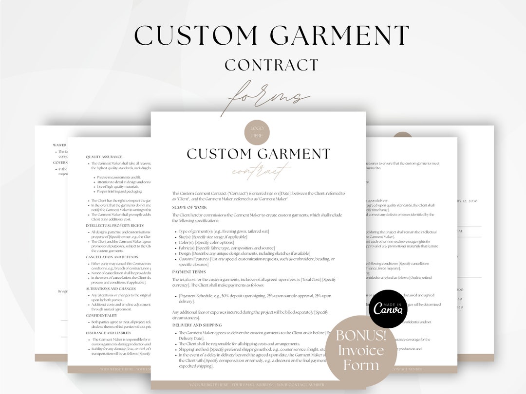 Custom Garment Contract, Tailor Made Clothing Agreement, Bespoke ...