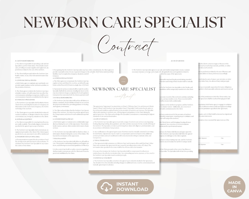 Newborn Care Specialist Contract, Editable Postpartum Baby Services ...