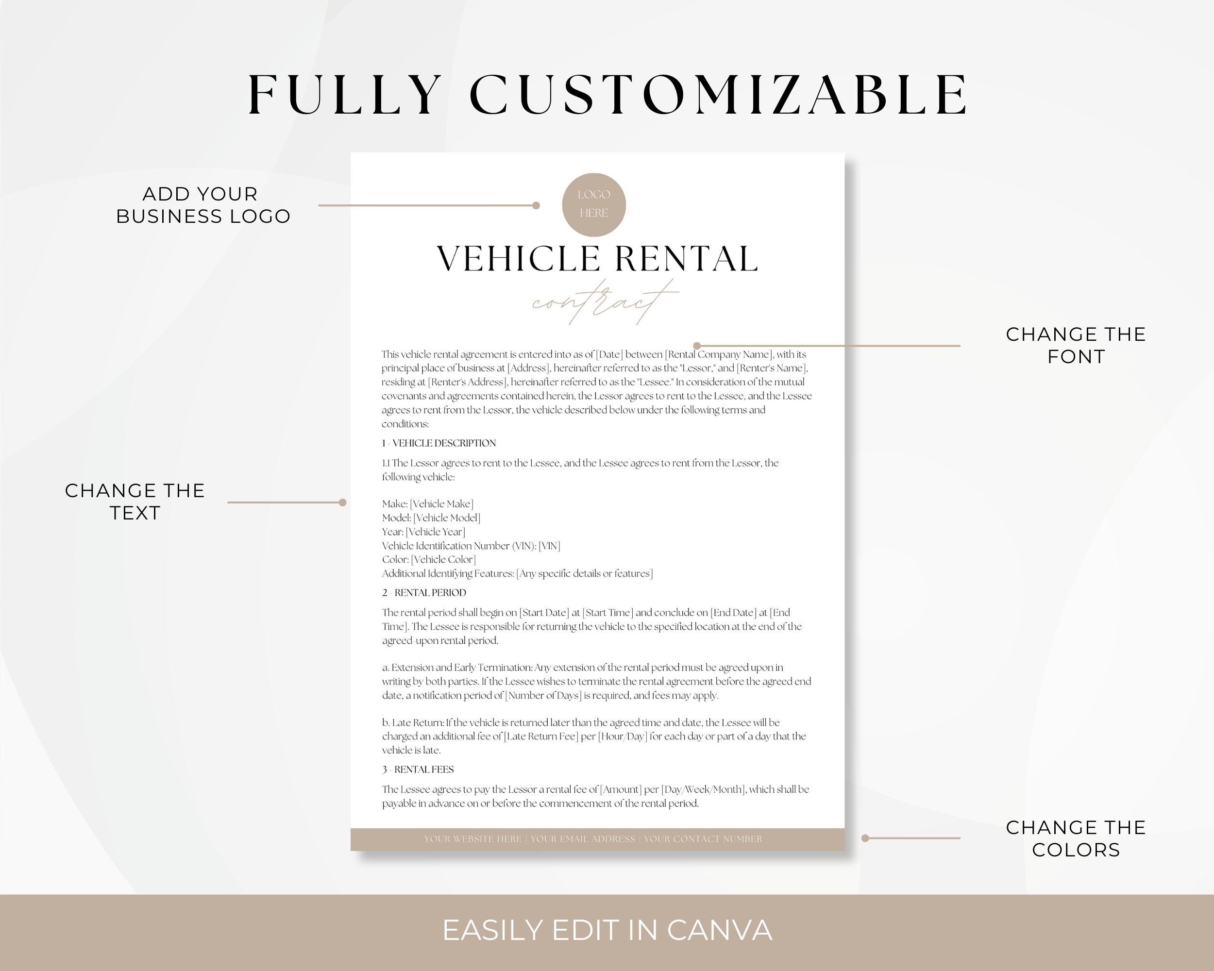 Vehicle Rental Contract, Editable Car Rental Service Agreement, Auto ...