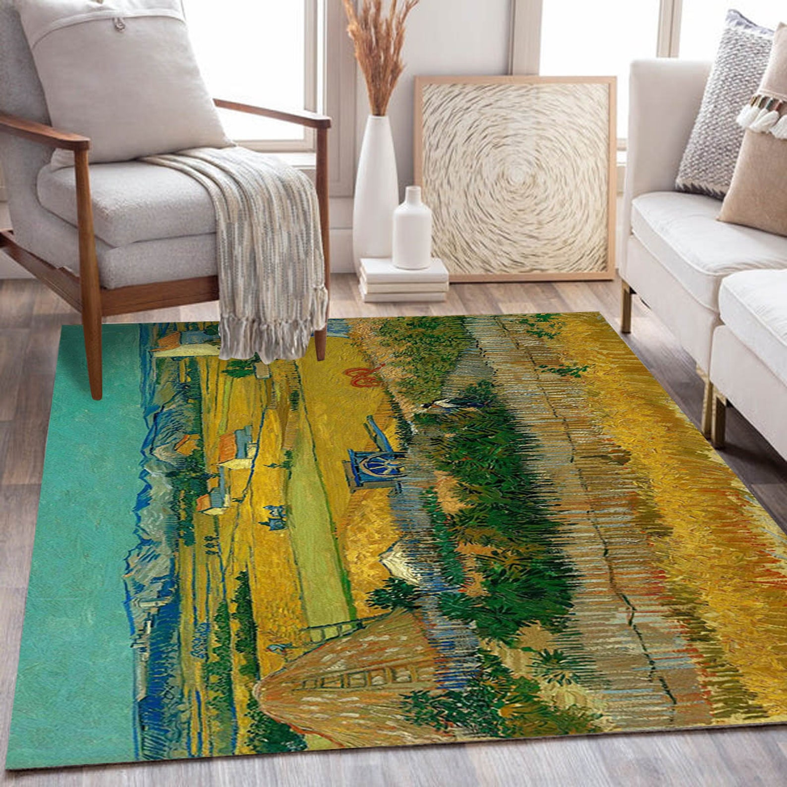 Van Gogh, 1889 Vincent Van Gogh Rug, Harvest Landscape With Blue Car ...