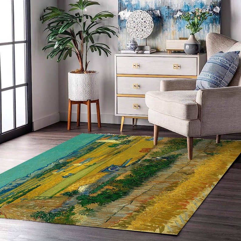 Van Gogh, 1889 Vincent Van Gogh Rug, Harvest Landscape With Blue Car ...