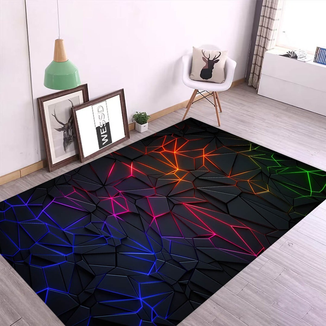 Gamer Rug, Gaming Room Rug, Neon Look Rug, Colorful Rug, Abstract Low ...