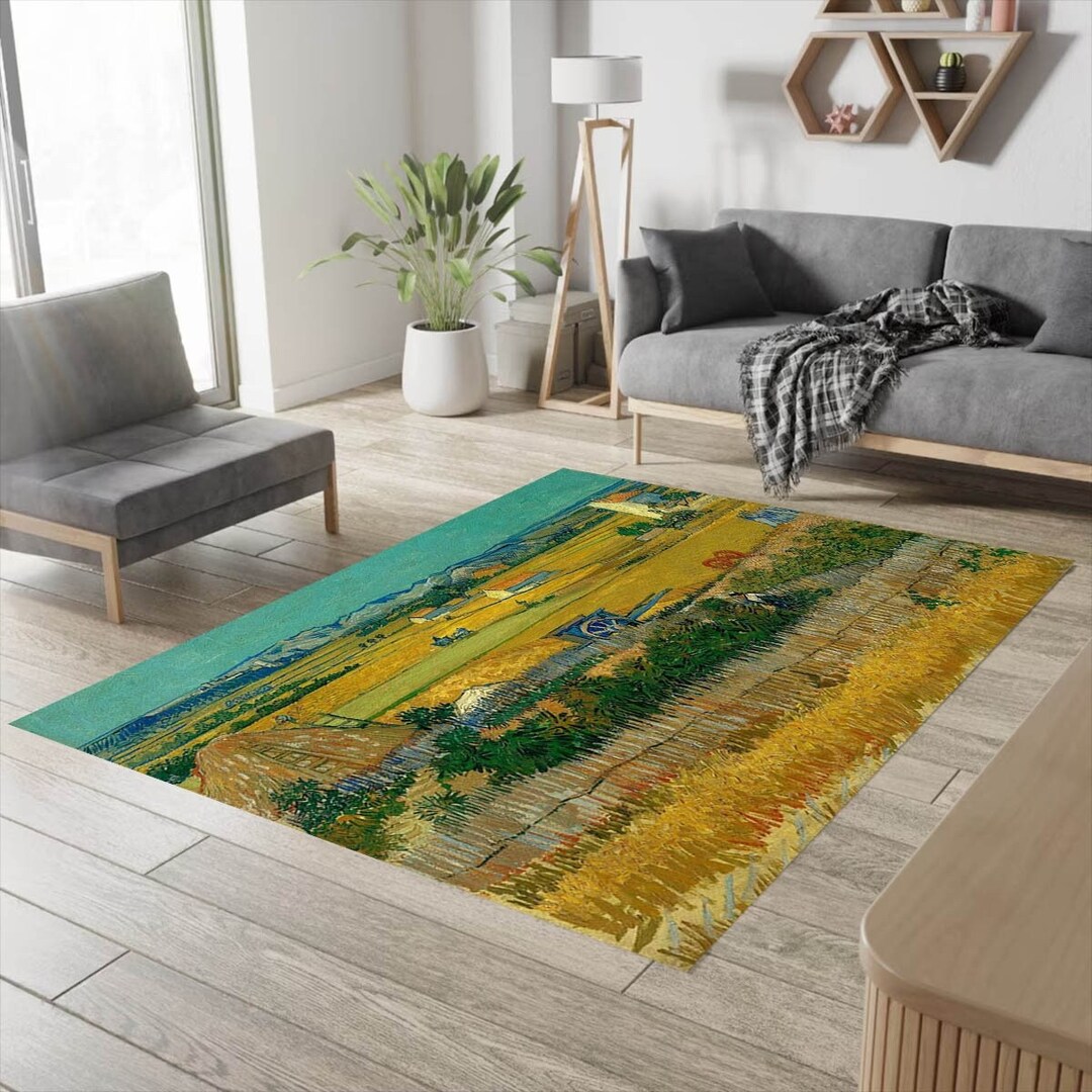 Van Gogh, 1889 Vincent Van Gogh Rug, Harvest Landscape With Blue Car ...
