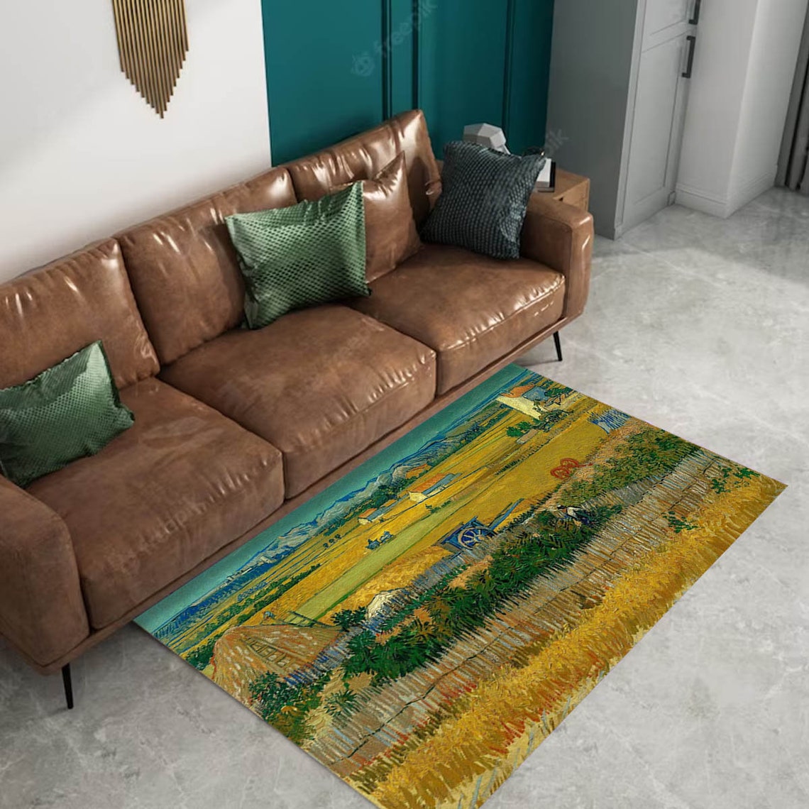 Van Gogh, 1889 Vincent Van Gogh Rug, Harvest Landscape With Blue Car ...