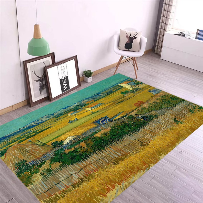 Van Gogh, 1889 Vincent Van Gogh Rug, Harvest Landscape With Blue Car ...