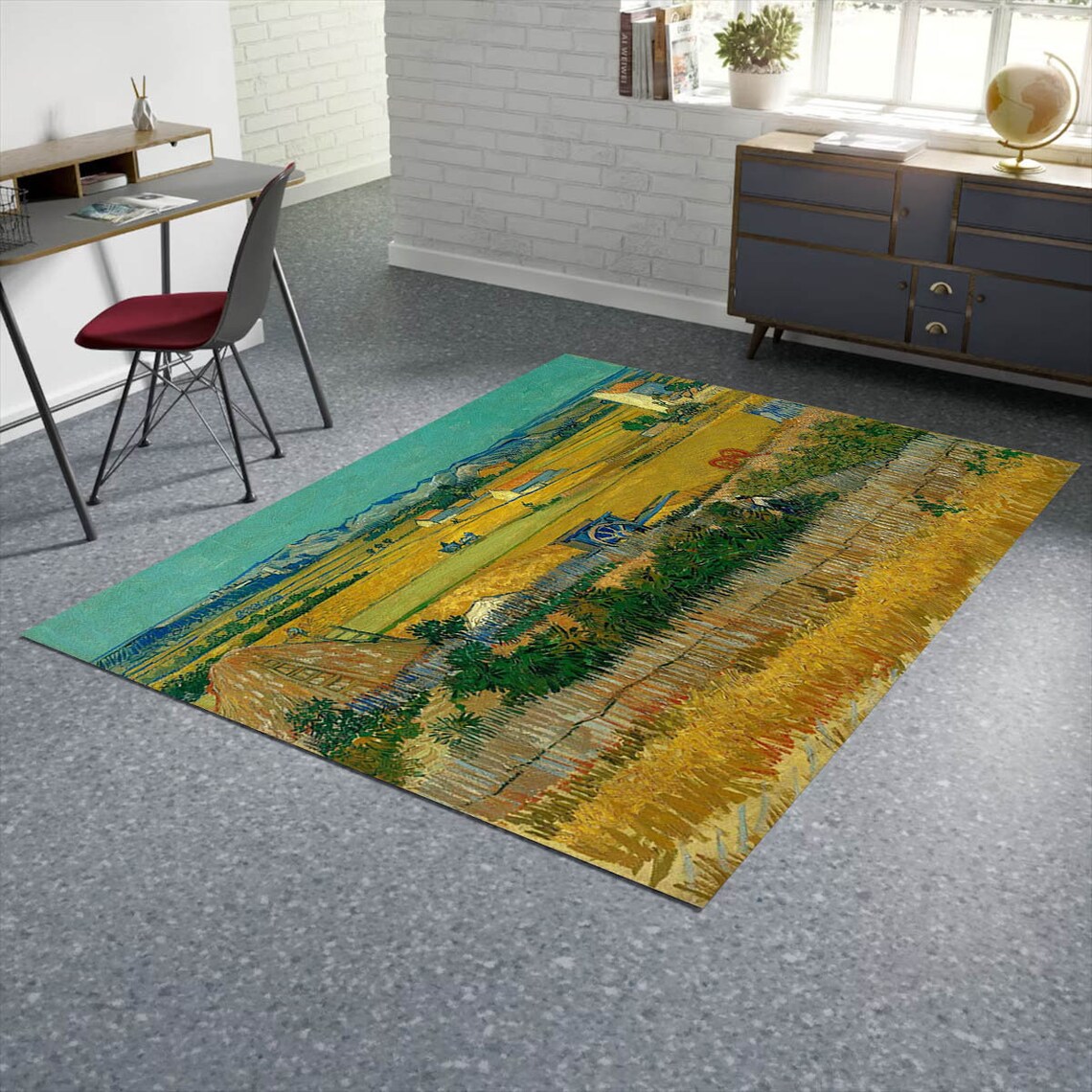 Van Gogh, 1889 Vincent Van Gogh Rug, Harvest Landscape With Blue Car ...