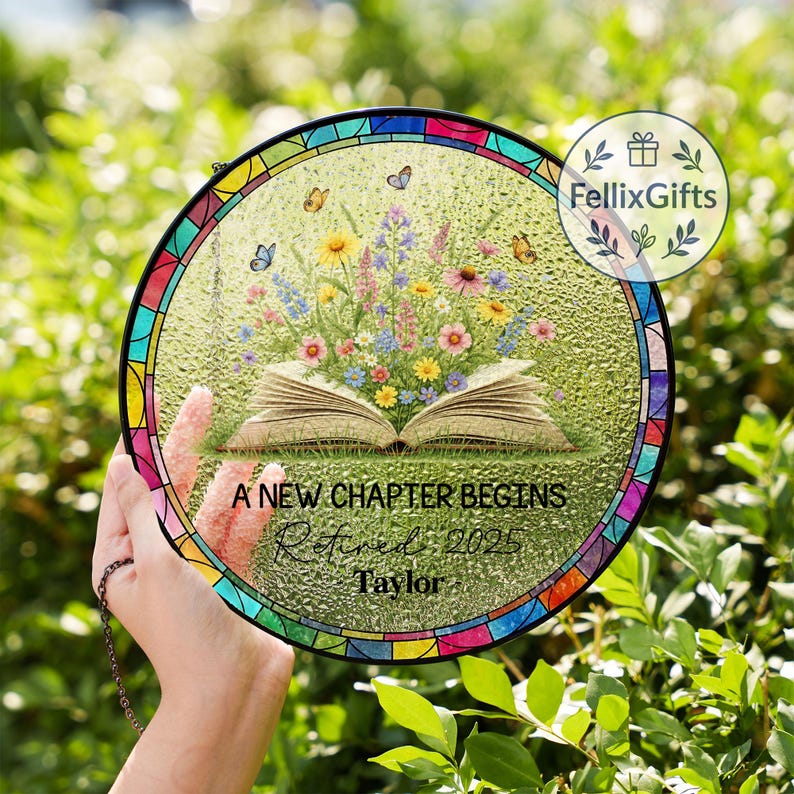 Personalized Retirement Suncatcher, Floral Book A New Chapter Begins ...