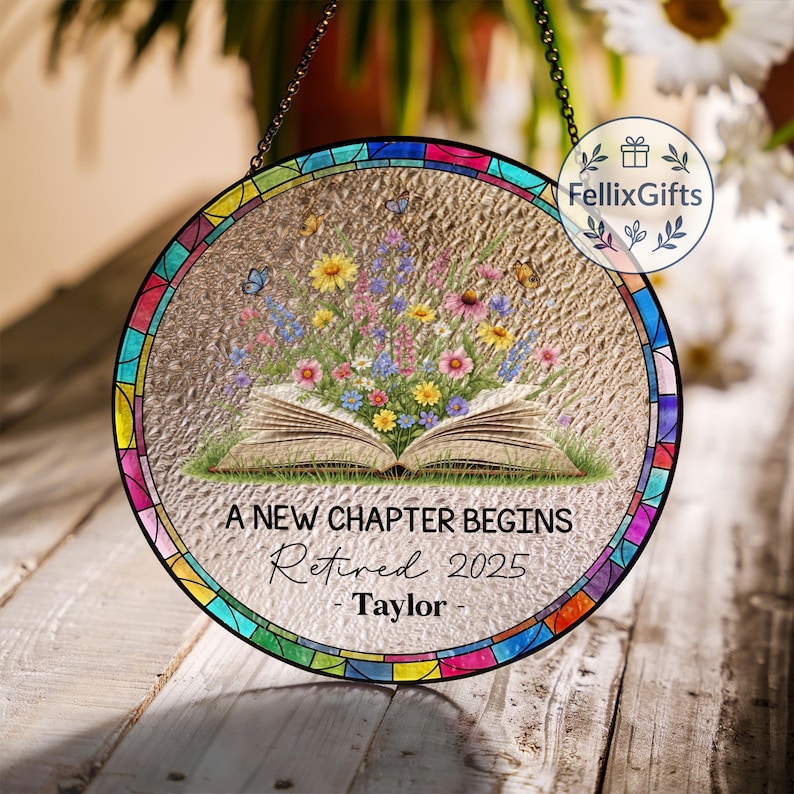 Personalized Retirement Suncatcher, Floral Book A New Chapter Begins ...