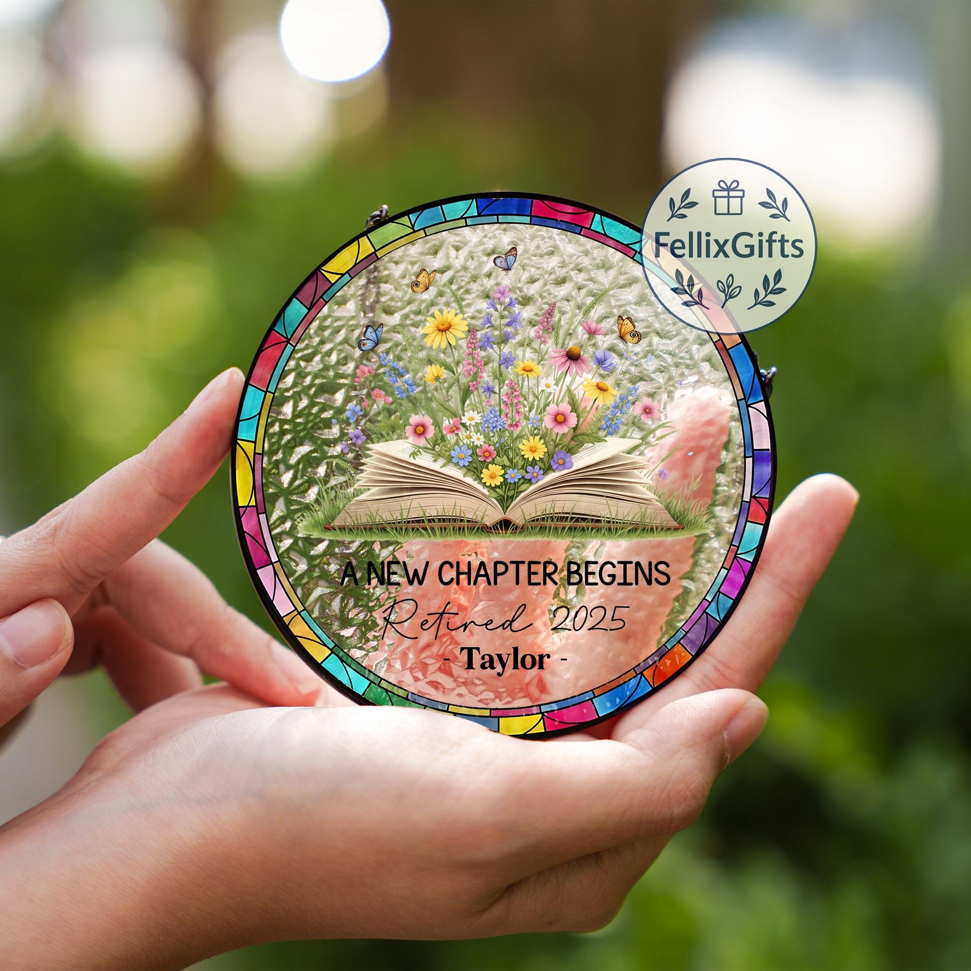Personalized Retirement Suncatcher, Floral Book A New Chapter Begins ...