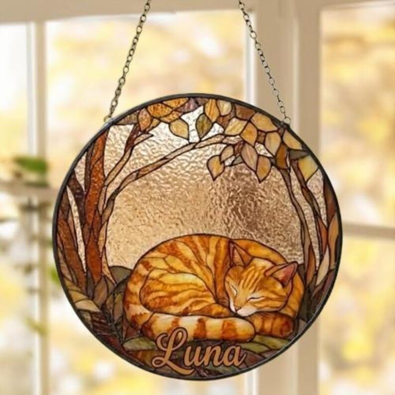 Custom Orange Cat Sleeping Stained Glass Suncatcher: Cat Lover Gift - Etsy