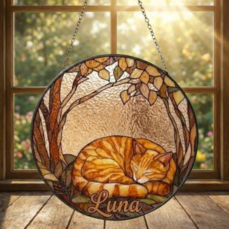 Custom Orange Cat Sleeping Stained Glass Suncatcher: Cat Lover Gift - Etsy